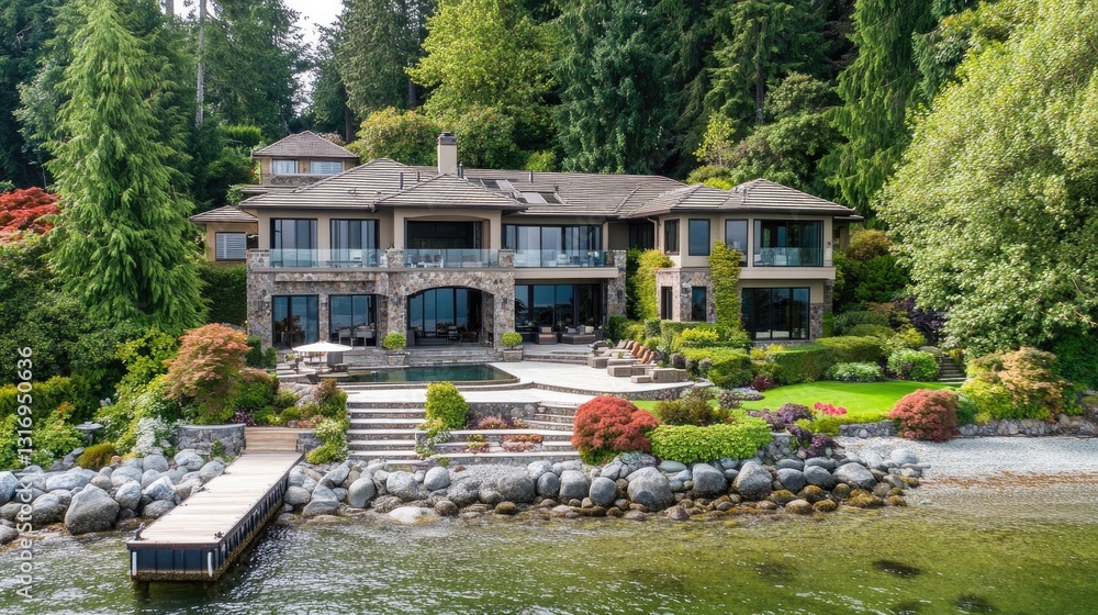 Luxurious beach mansion with modern architecture, a private dock, and ...