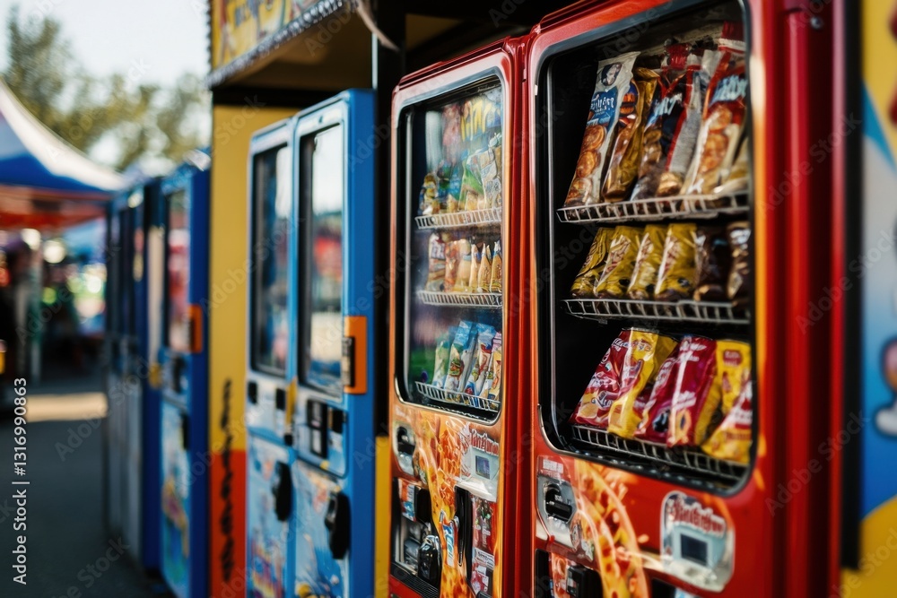 Colorful Vending Machines Displaying Snacks in Outdoor Setting Stock ...
