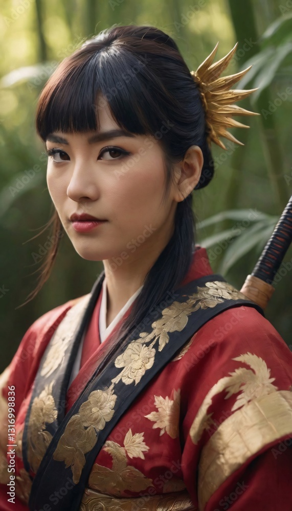 Epic Samurai Warrior Woman in Battle Stance with Katana and Traditional ...