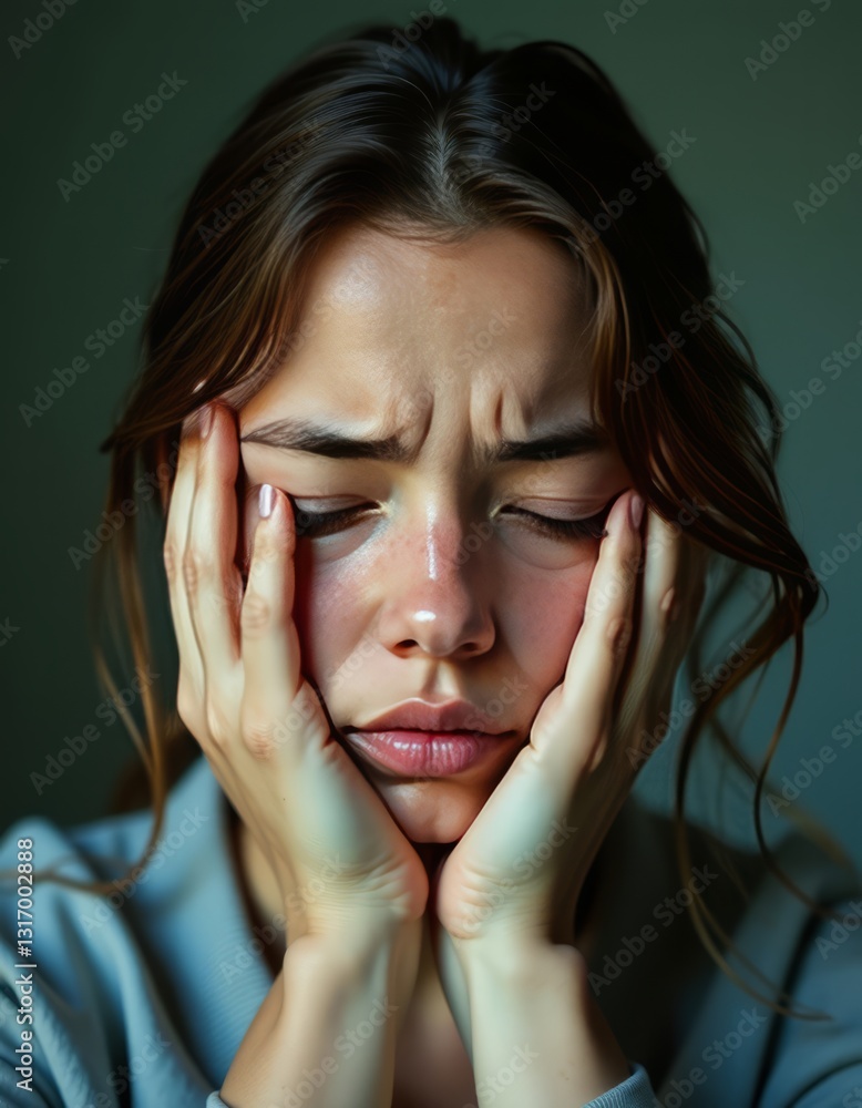 Sad tired young woman touching forehead having headache migraine or ...