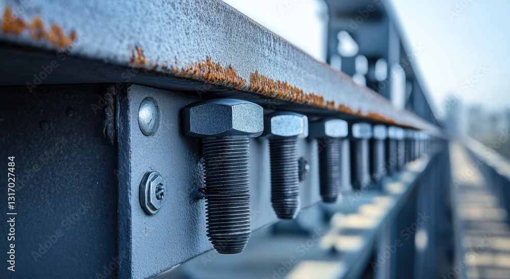 A close view shows a row of bolts securing steel beams, which are part ...