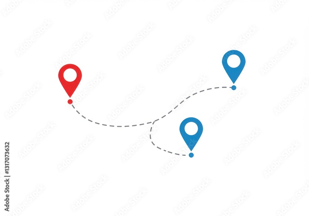 Minimalist route map, red start point marker, blue end point marker ...