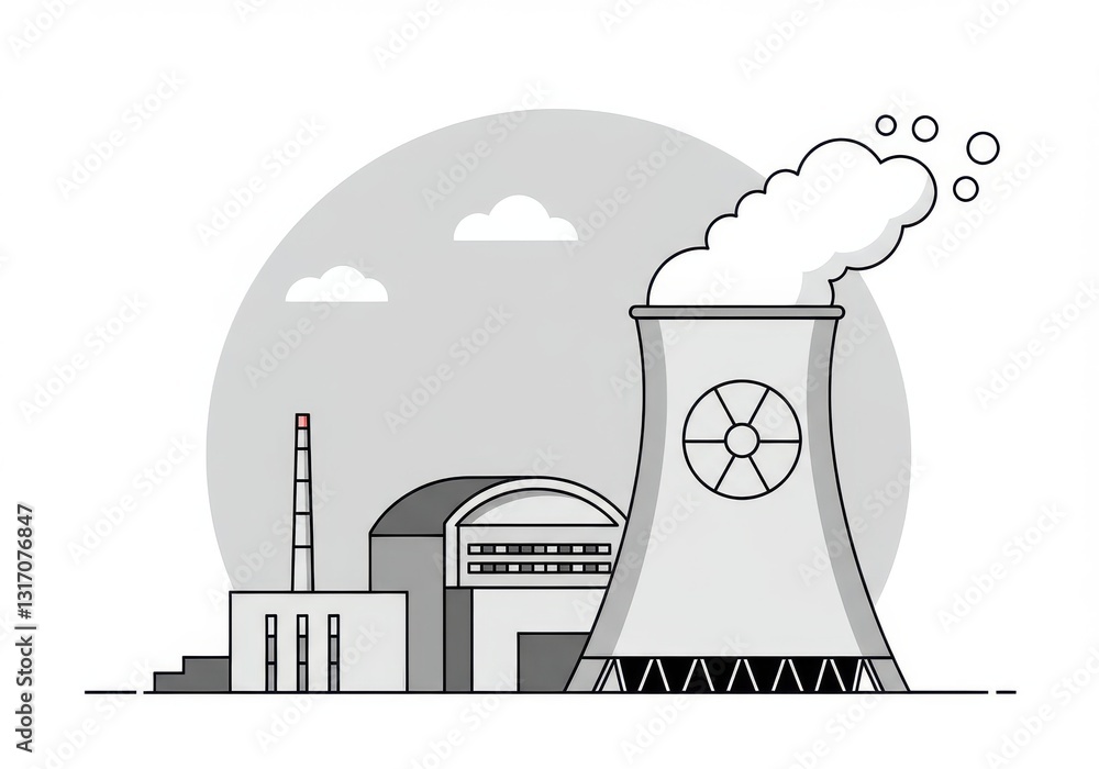 Nuclear power plant, atomic symbol, cooling tower, steam, industrial facility, simplified ...