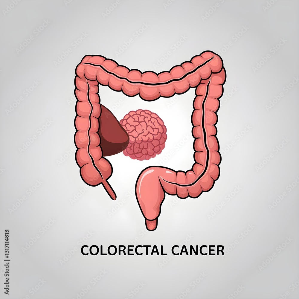 colorectal cancer showing a stylized human colon with a tumor depicted ...
