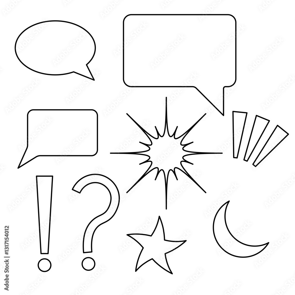 outline set of comic elements including speech bubbles, exclamation ...