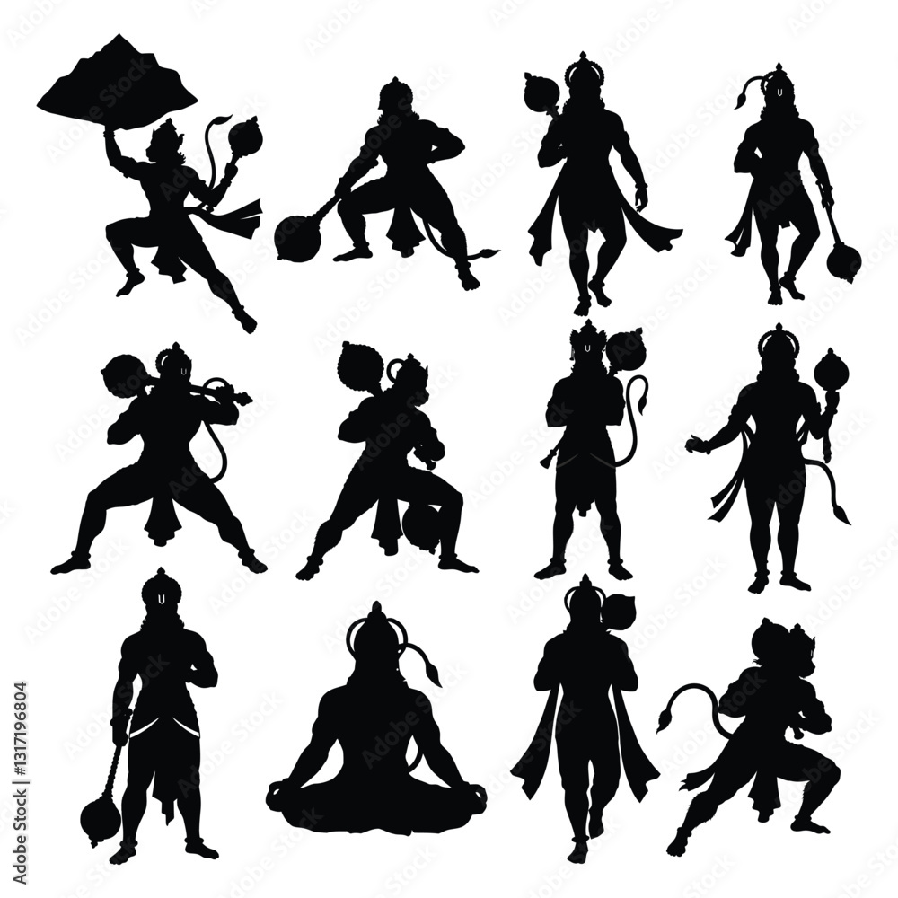 Collection set of hanuman Silhouette . Jayanti concept. Hanuman ji is ...