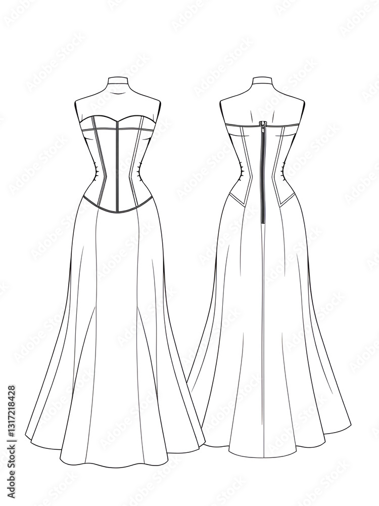 Knee-length corset bodice dress with strapless neckline, panel lines ...