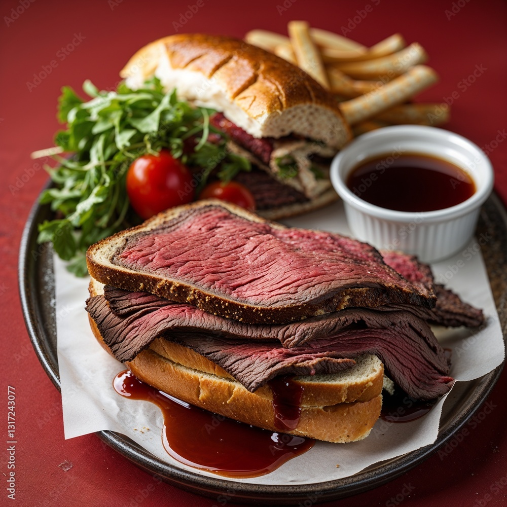 French Dip Roast beef sandwich served with au jus for dipping Food ...