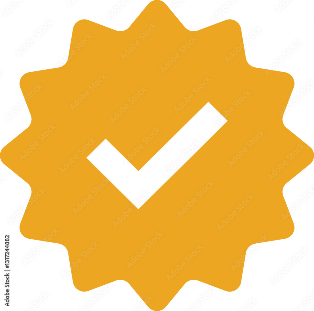 Check mark. Yellow tick verified badge icon. Approved profile sign. Tick in rounded corners star ...