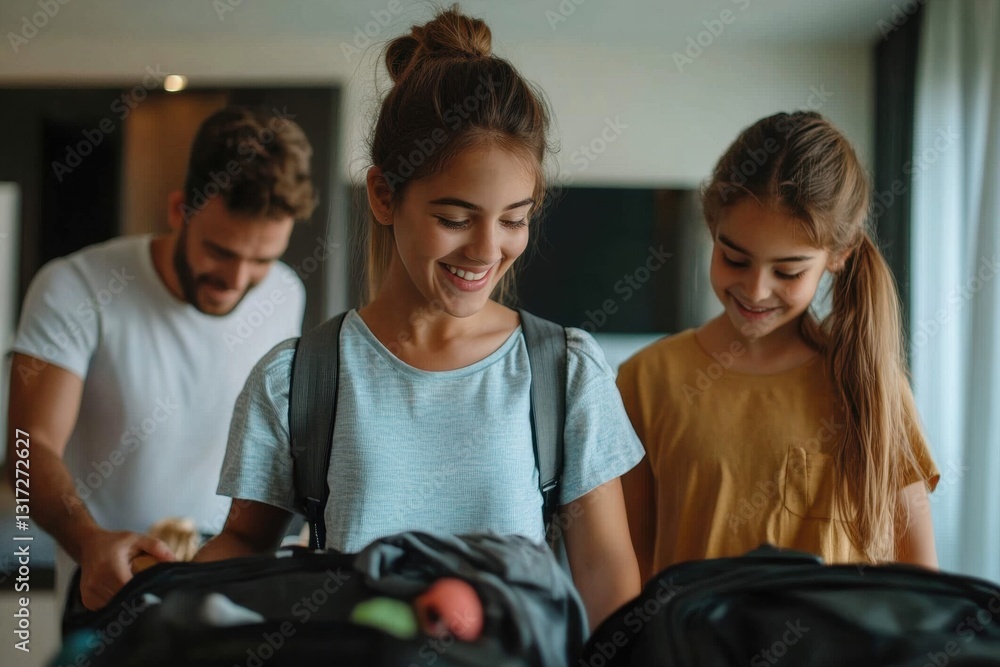 Over-the-shoulder shooting: the family unpacks their suitcase upon ...