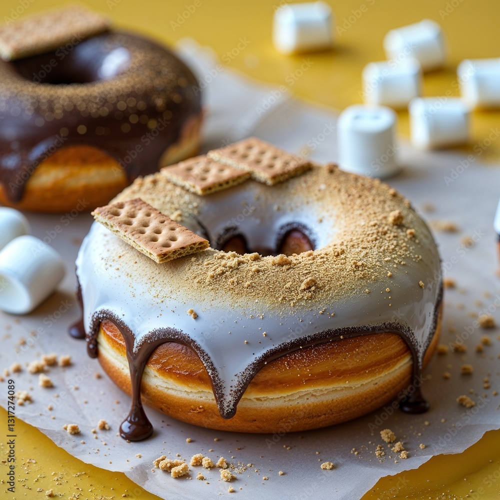 Smores Donut A donut topped with chocolate graham crackers and toasted ...