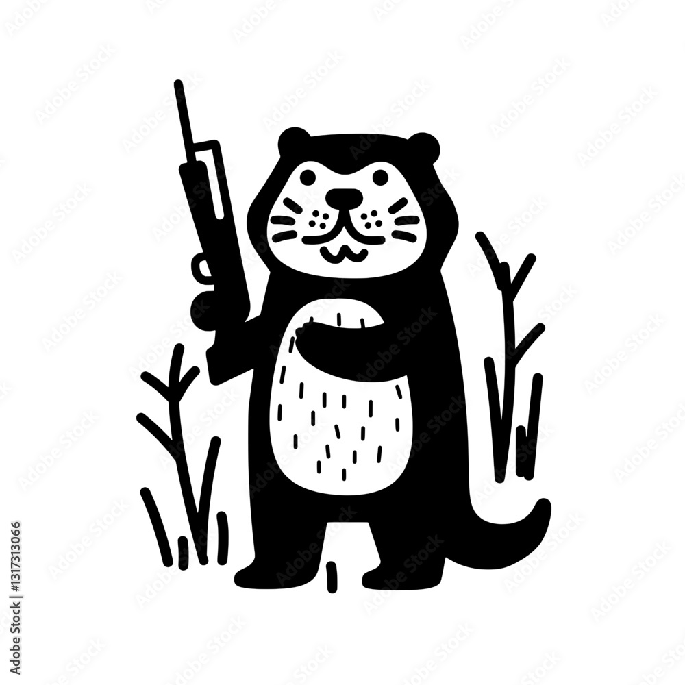Clever otter holding a vintage gun poses playfully amidst tall grass in ...