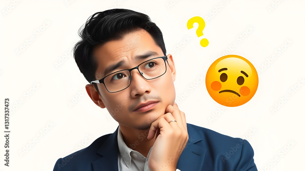 Thinking, face and asian man with decision on isolated, transparent and ...