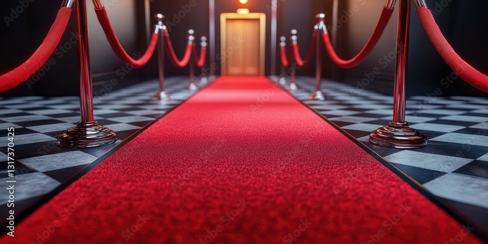 Entrance to an elegant venue featuring a red carpet, shiny stanchions ...