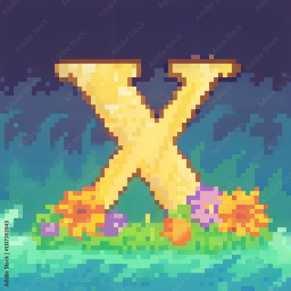 Colorful pixel art letter X decorated with flowers and greenery on a ...