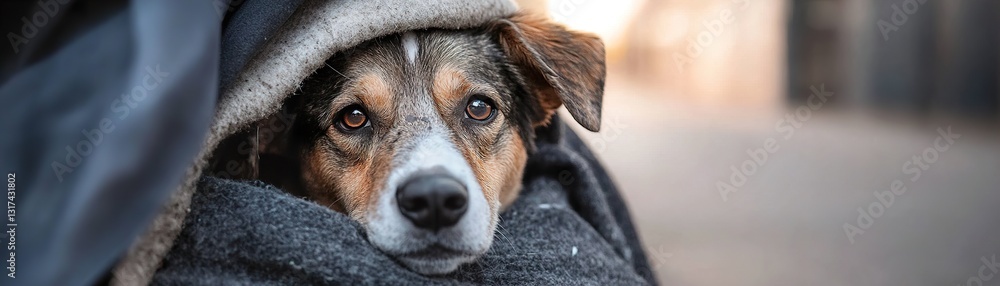 A homeless woman and her scruffy dog are huddled together under a ...