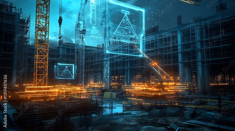 Construction site visualized glowing cranes beams holographic overlays ...