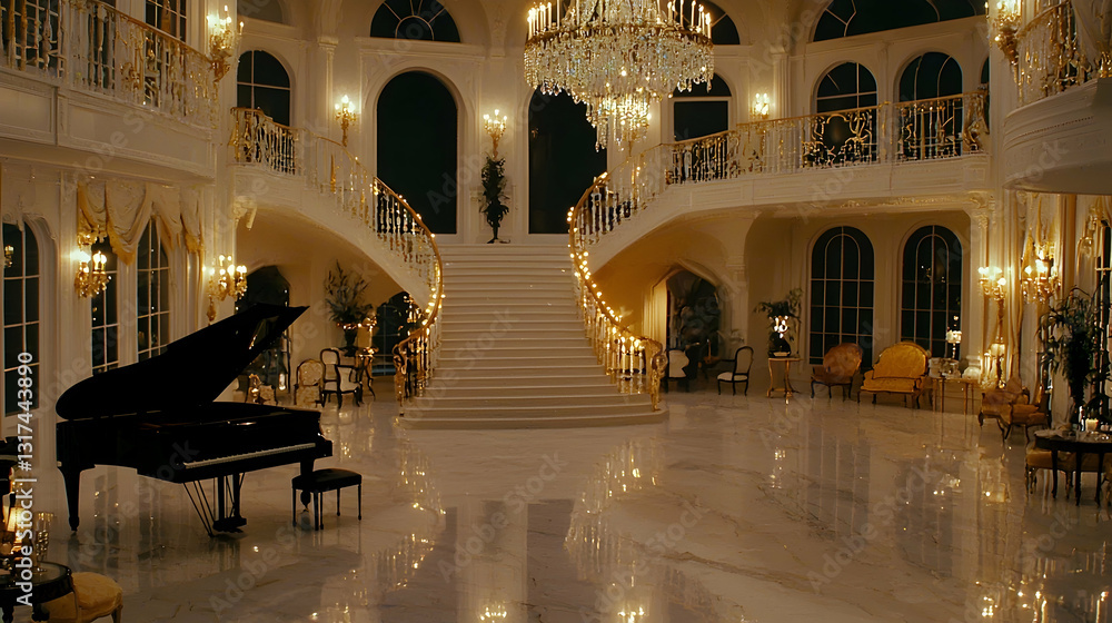 Grand mansion interior, elegant staircase, piano, night scene. Luxury ...