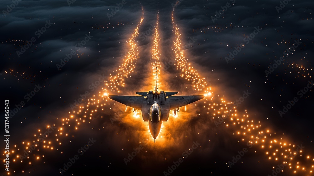 Dramatic fighter jet ascendance through fiery trails in a night sky ...