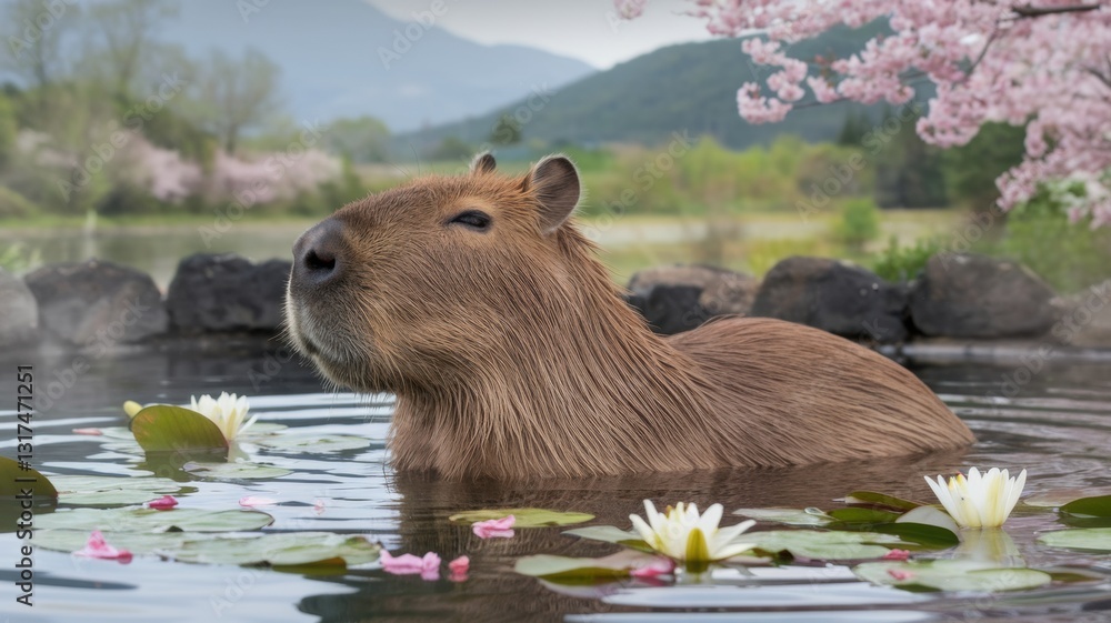 A capybara in a hot spring, against a background of floating lilies and ...