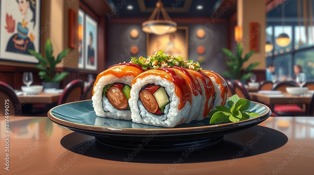 Cute Anime Style Anime Place of Korean Kimbap Roll Sushi with Hot Dogs ...