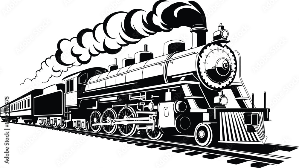 Vintage Steam Locomotive Black and White Train Illustration. Stock Vector | Adobe Stock