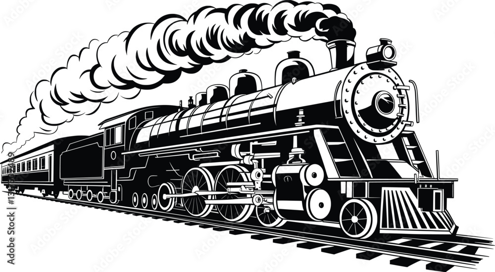 Vintage Steam Locomotive Black and White Train Illustration. Stock Vector | Adobe Stock