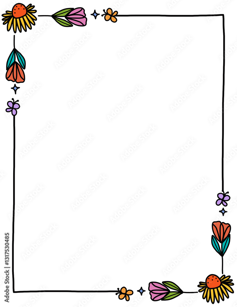 Floral border frame. Doodle flower border. Leaf frame. Hand drawn ...