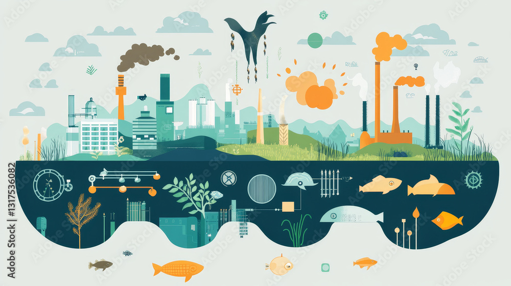 Carbon cycle vector illustration. Labeled CO2 biogeochemical process ...