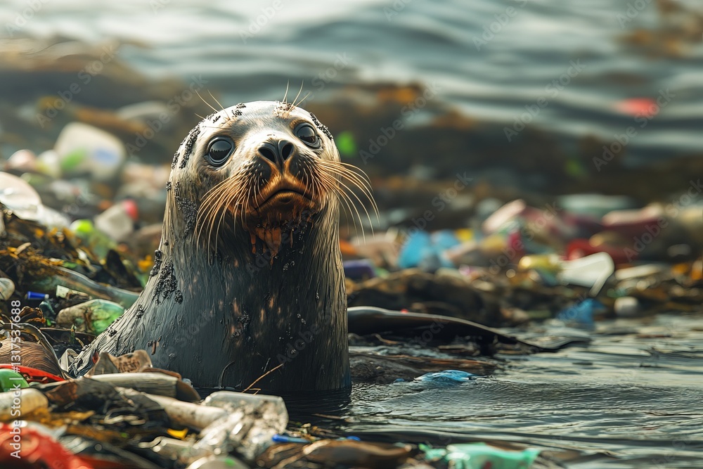 Sad Seal Pup Surrounded by Ocean Plastic Pollution Environmental ...