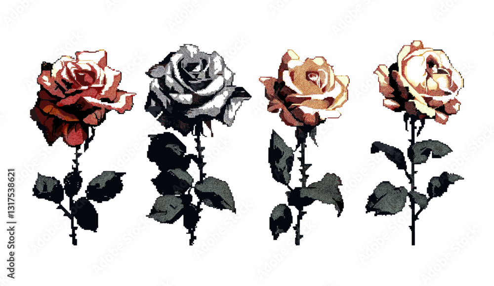 Y2k pixel art roses set, trendy retro 8 bit game style flowers, vector ...