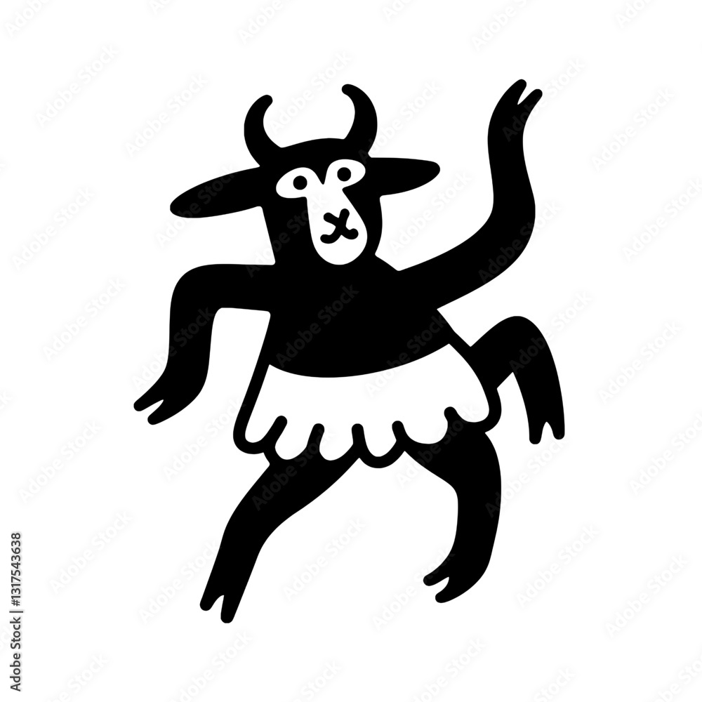 Unique black and white vector art depicts a dancing goat wearing a ...