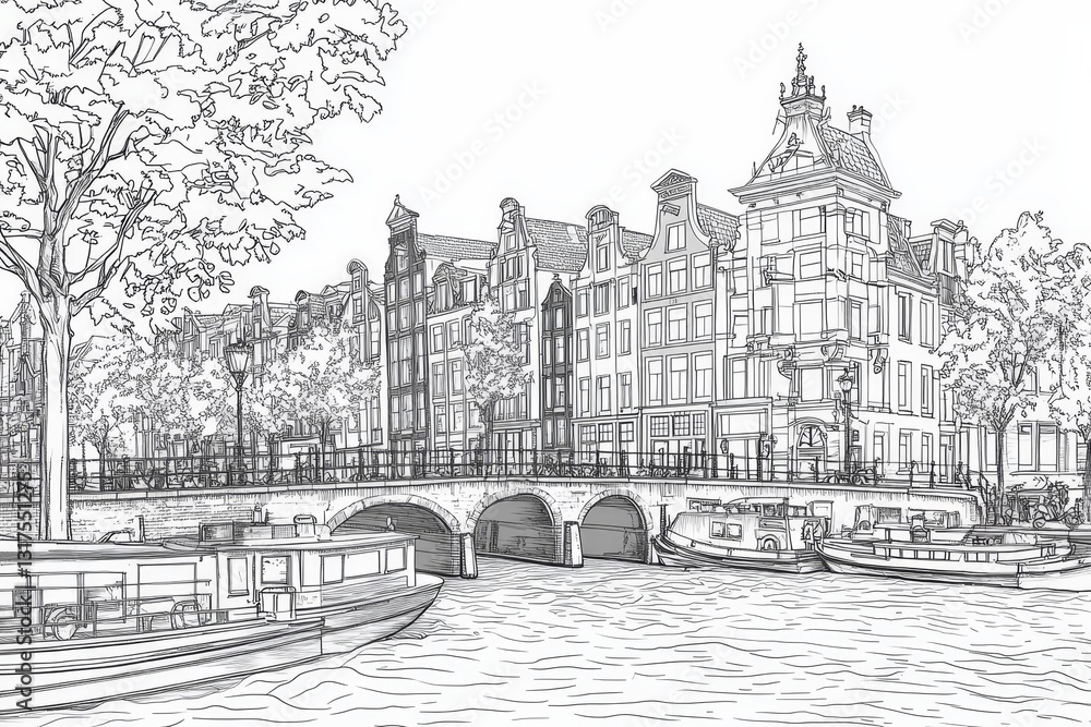 Amsterdam Canal Line Art Coloring Page - A detailed line art coloring ...