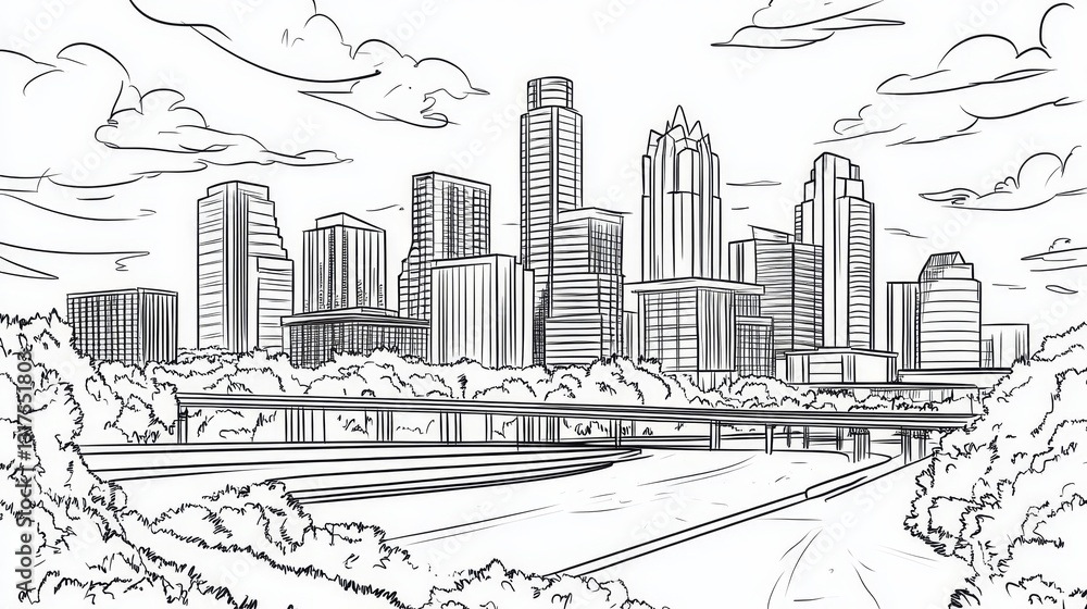 Austin Skyline Coloring Page - A detailed line art coloring page of the ...