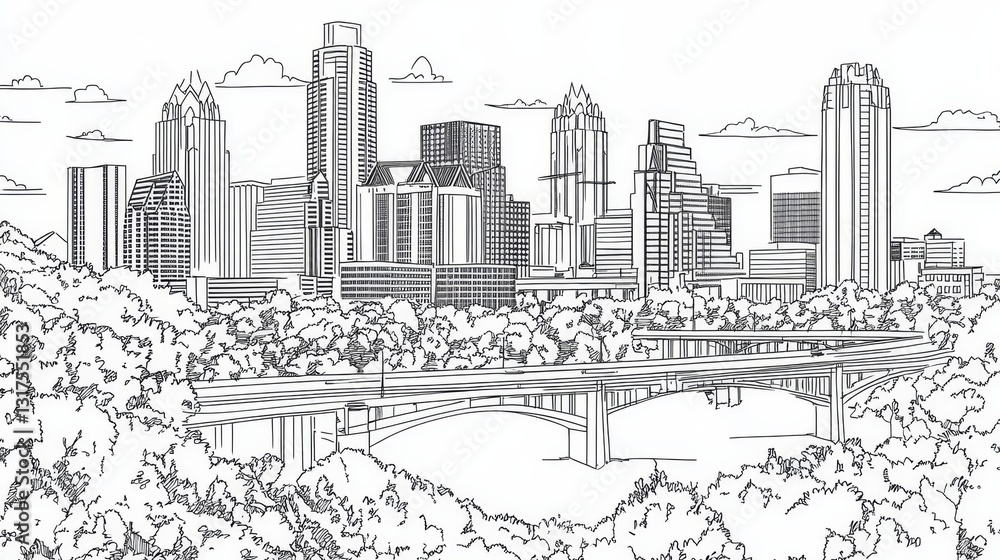 Austin Texas Skyline Coloring Page - A detailed line art coloring page ...