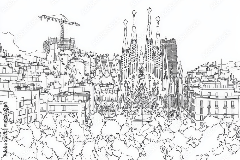 Barcelona Skyline Coloring Page - A detailed line art coloring page ...