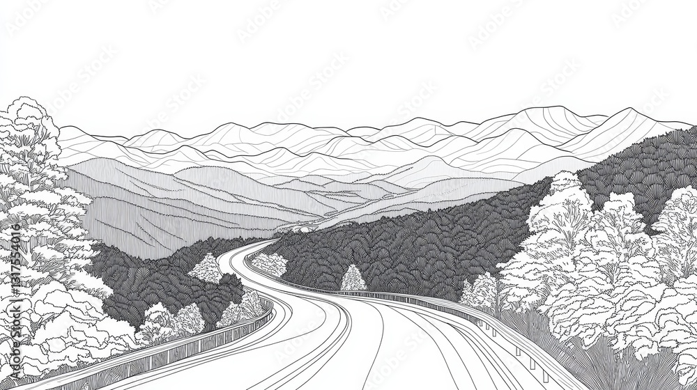 Blue Ridge Parkway Line Art Coloring Page - A scenic line art coloring ...