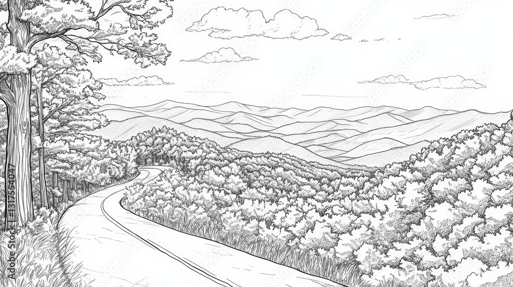 Blue Ridge Parkway Line Art Coloring Page - Scenic line art coloring ...