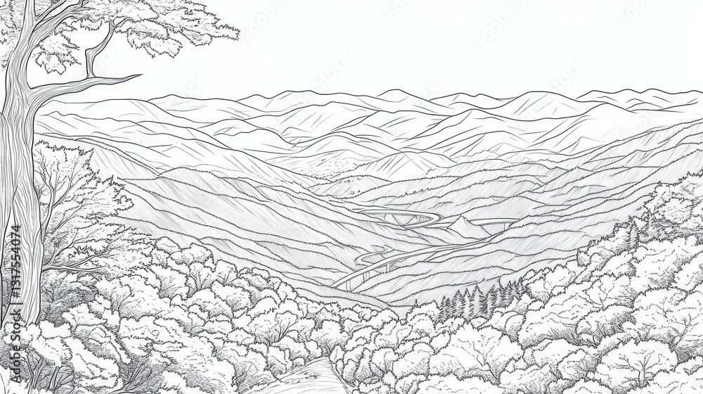 Blue Ridge Parkway Line Art Coloring Page - Scenic line art coloring ...