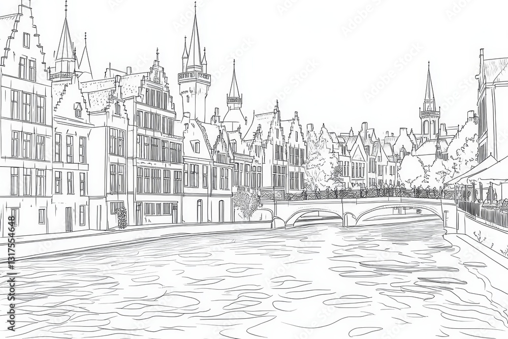 Bruges Canal Line Art Coloring Page - A detailed line art coloring page ...