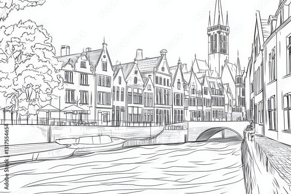 Bruges Canal Line Art Coloring Page - A charming line art coloring page ...