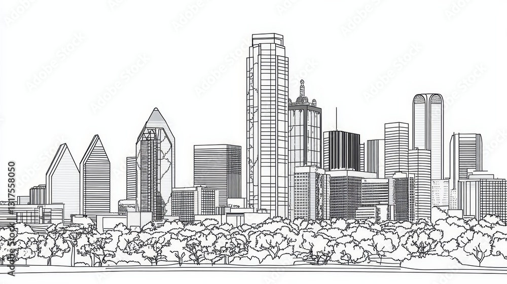 Dallas Skyline Coloring Page: Line Art - A detailed line art coloring ...