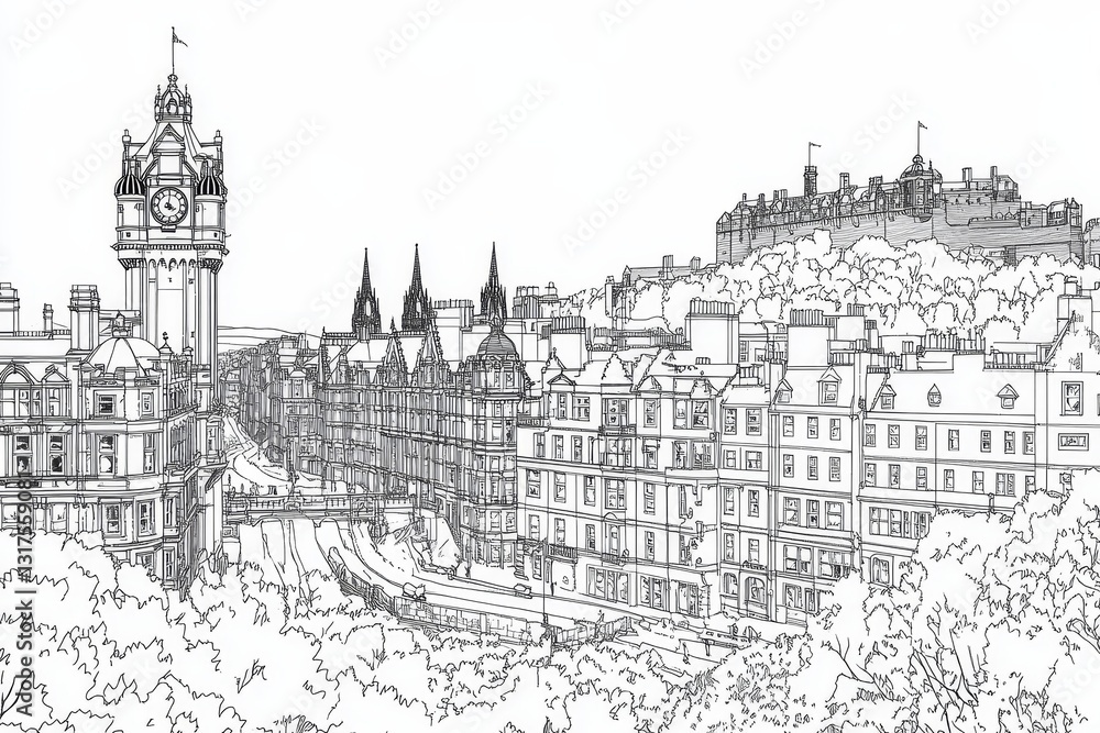 Edinburgh Skyline Coloring Page - A detailed line art coloring page ...