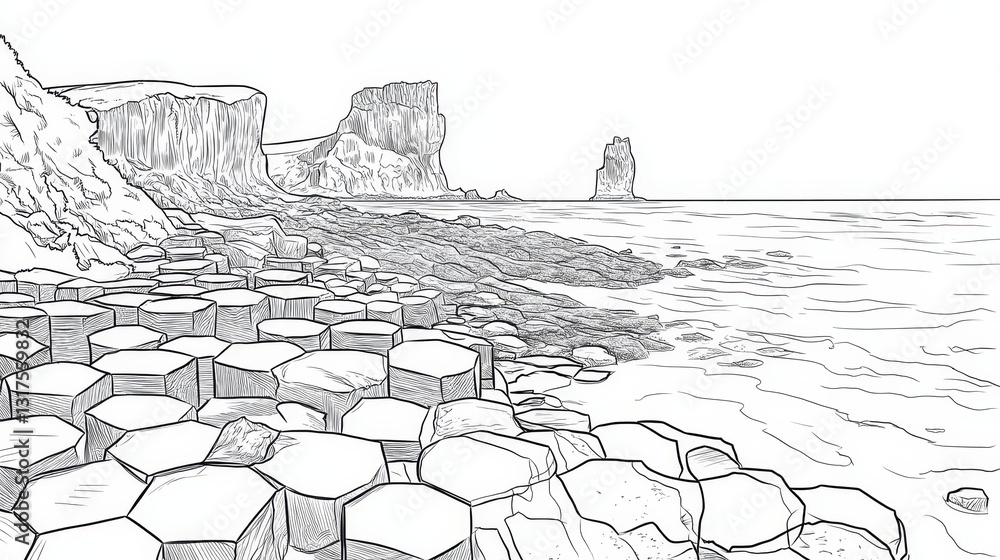 Giants Causeway Line Art Coloring Page - A detailed line art coloring ...