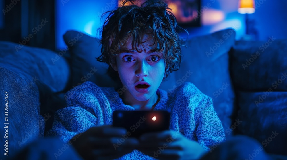 Youth on a sofa, intense emotional reactions to a horror movie on a 3D ...