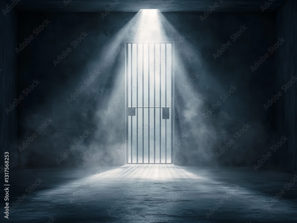 A dimly lit prison cell with an open barred door, casting light and shadows across the floor ...