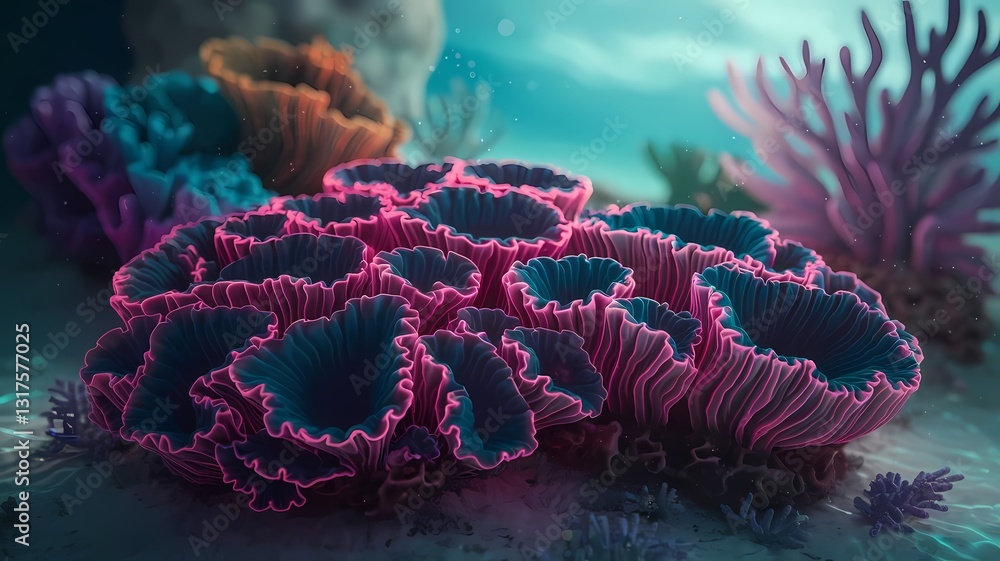 The close-up depicts mesmerizing bioluminescent coral formations in the ...