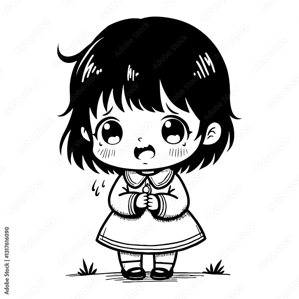 Cute Chibi Kawaii Little Girl Crying Pose Emotional Expression Black ...