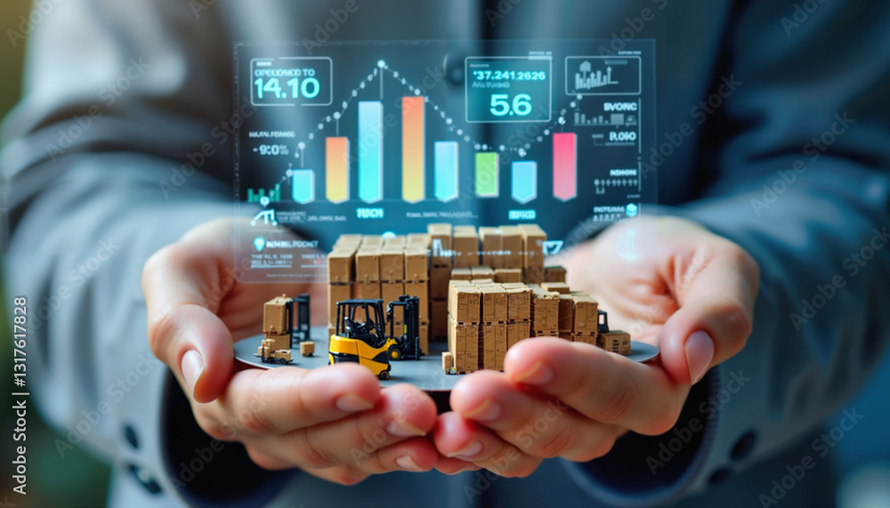 Hands holding miniature warehouse scene with forklift and stacked boxes ...