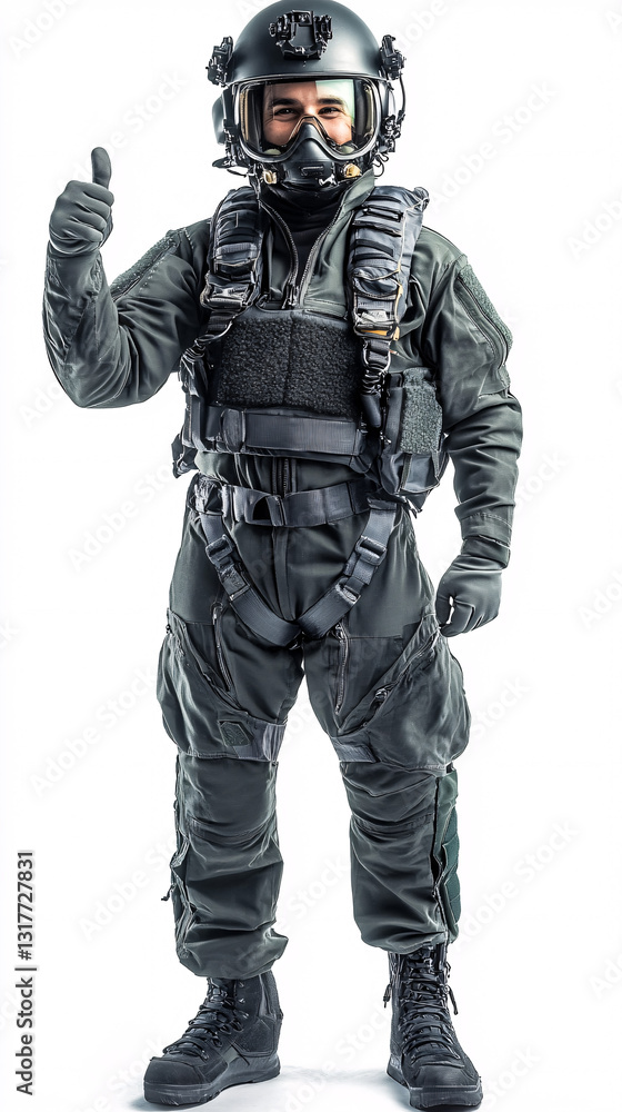 A fighter pilot in full flight gear stands confidently giving a thumbs ...